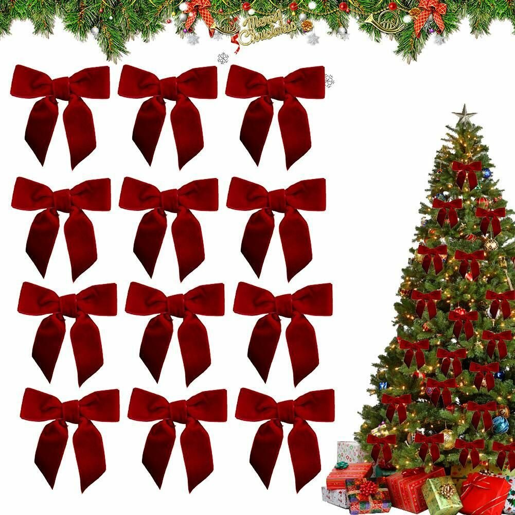 12 шт. бордовых бархатных бантов для рождественской елки, декор для двери