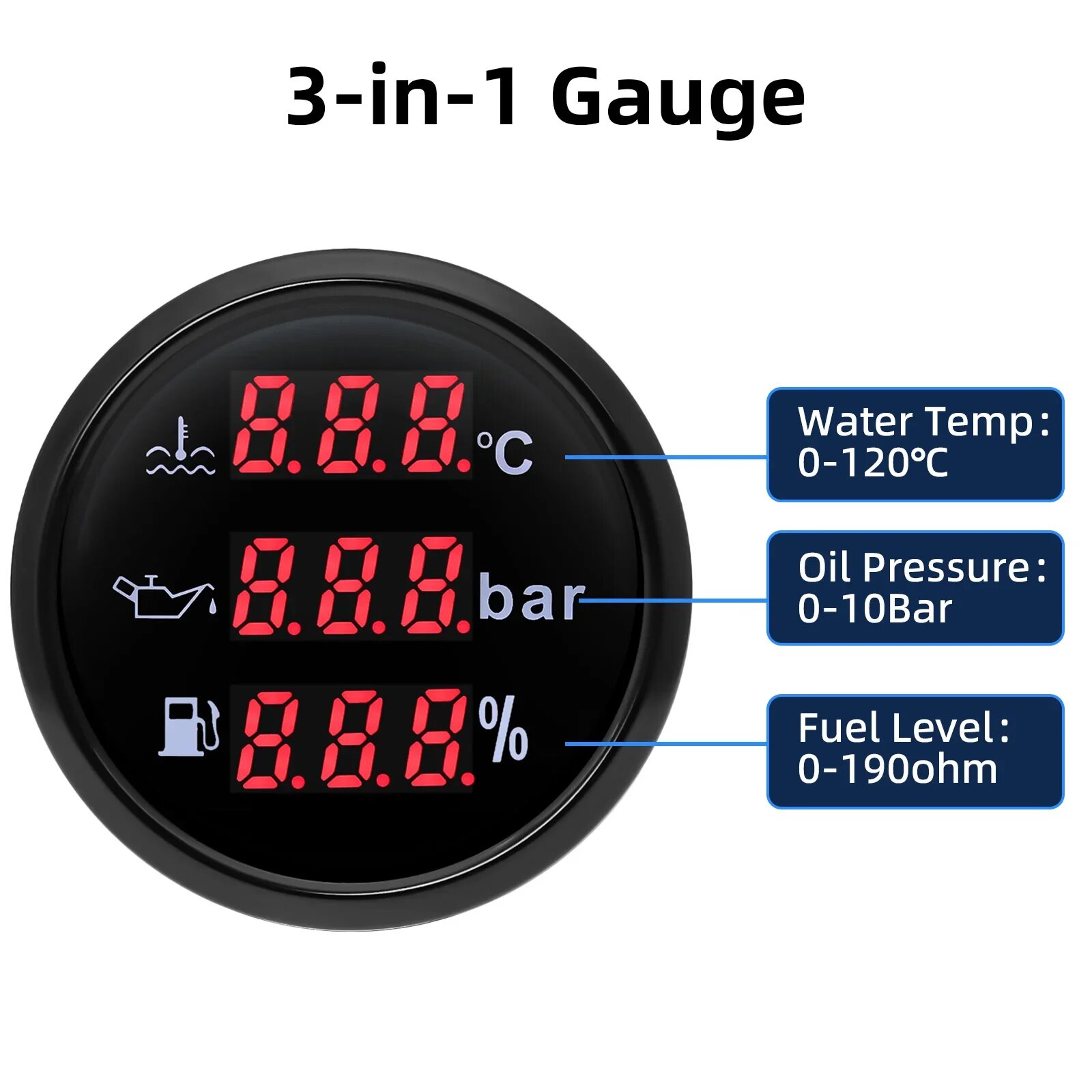 52 Мм 3-в-1 Цифровой Датчик Температуры Воды, Датчик Давления Масла, Индикатор Уровня Топлива