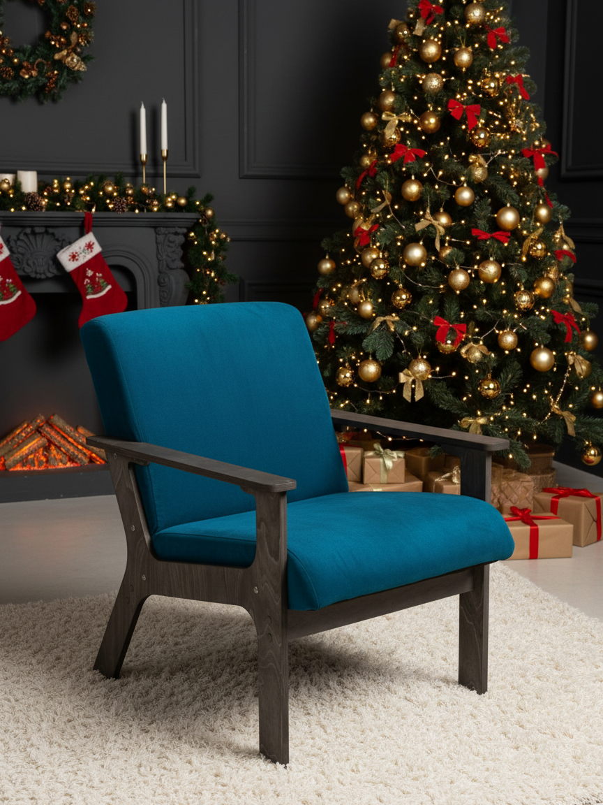 Кресло для отдыха "Ретро мини" от "Мягкой посадки" с низкой спинкой, обивка бирюзовый велюр + темные ножки