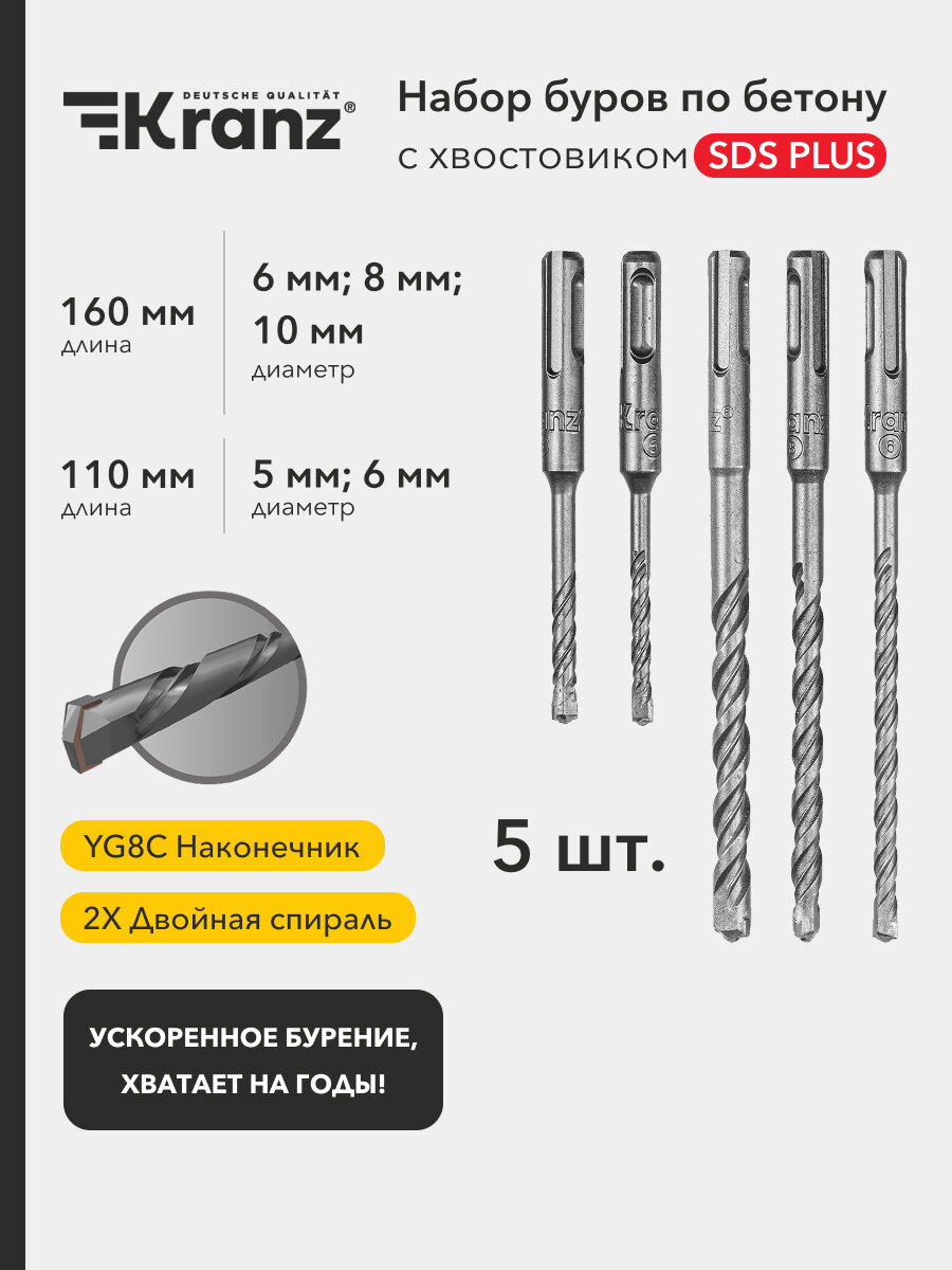 Универсальный набор буров по бетону типа SDS PLUS KRANZ 5-6х110, 6-8-10х160 мм, 5 шт. в пластиковой коробке