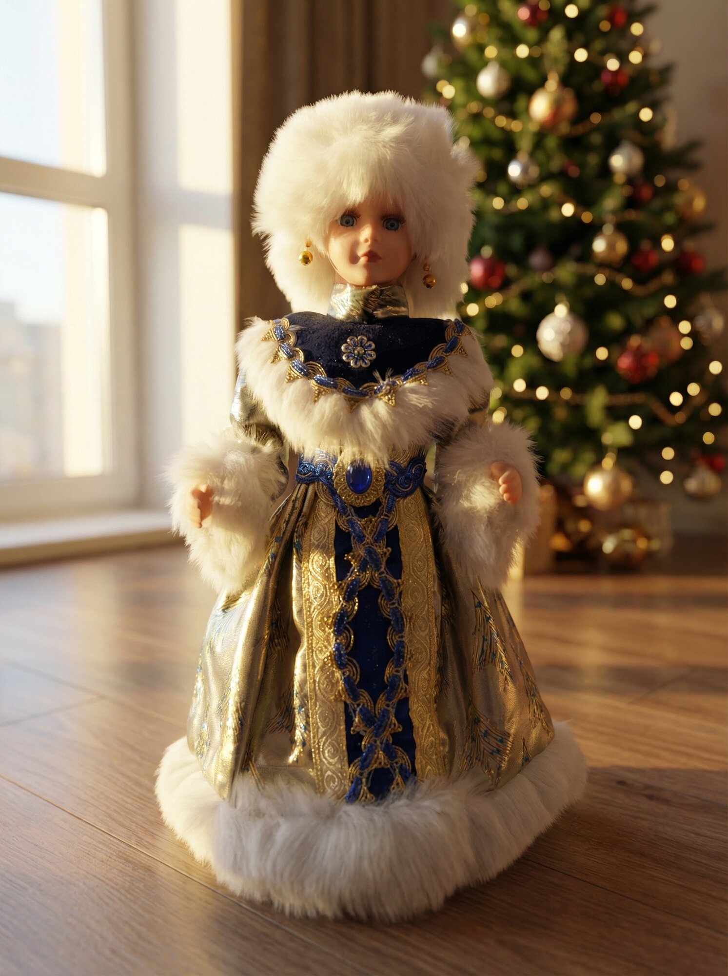 Новогодний декор для дома-Снегурочка с тайником для подарка в сине-золотой шубке с белым мехом, размер: 35*20 см
