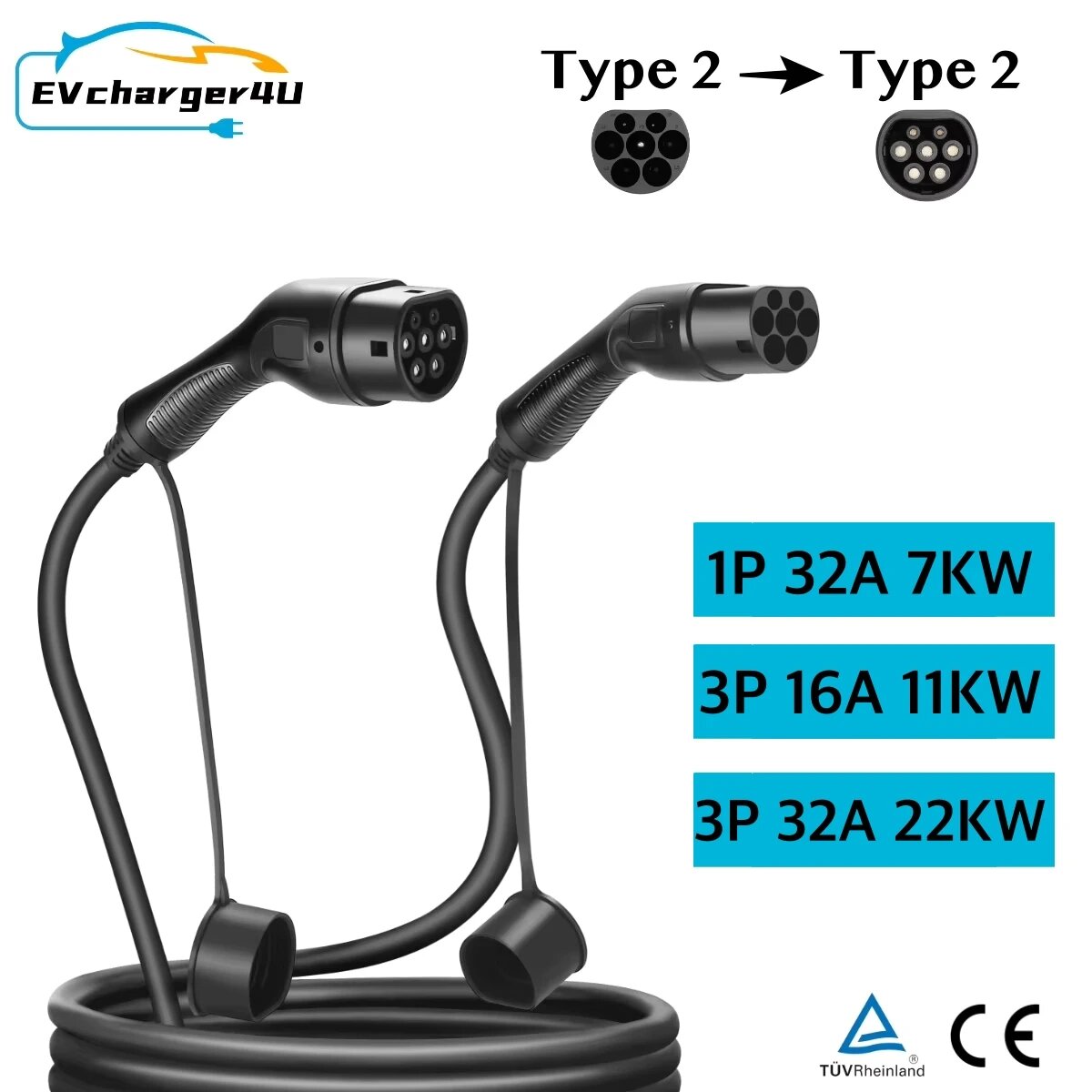 EVcharger4U IEC62196 16A/32A 7 кВт/11 кВт/22 кВт Тип 2– Type2 Кабель для зарядки электромобилей 3 м/5 м/7 м электромобиль PHEV в общественной станции 3P 16A 11KW 7M