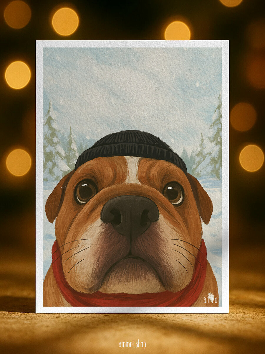 Открытка с любимой собакой 2026 «Бульдог в чёрной шапке» (А6) с конвертом, авторская иллюстрация