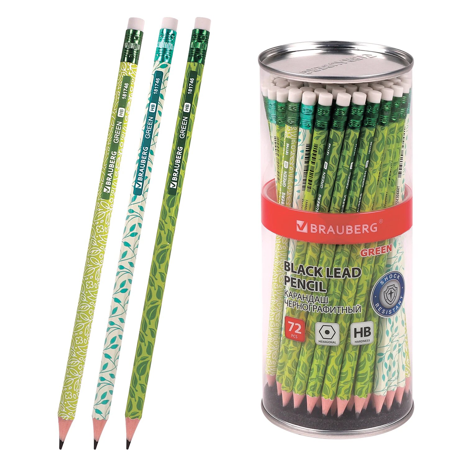 Карандаш чернографитный BRAUBERG "GREEN", 1 шт, HB, с ластиком, пластиковый, ассорти, 181746 (цена только за 1 шт.)