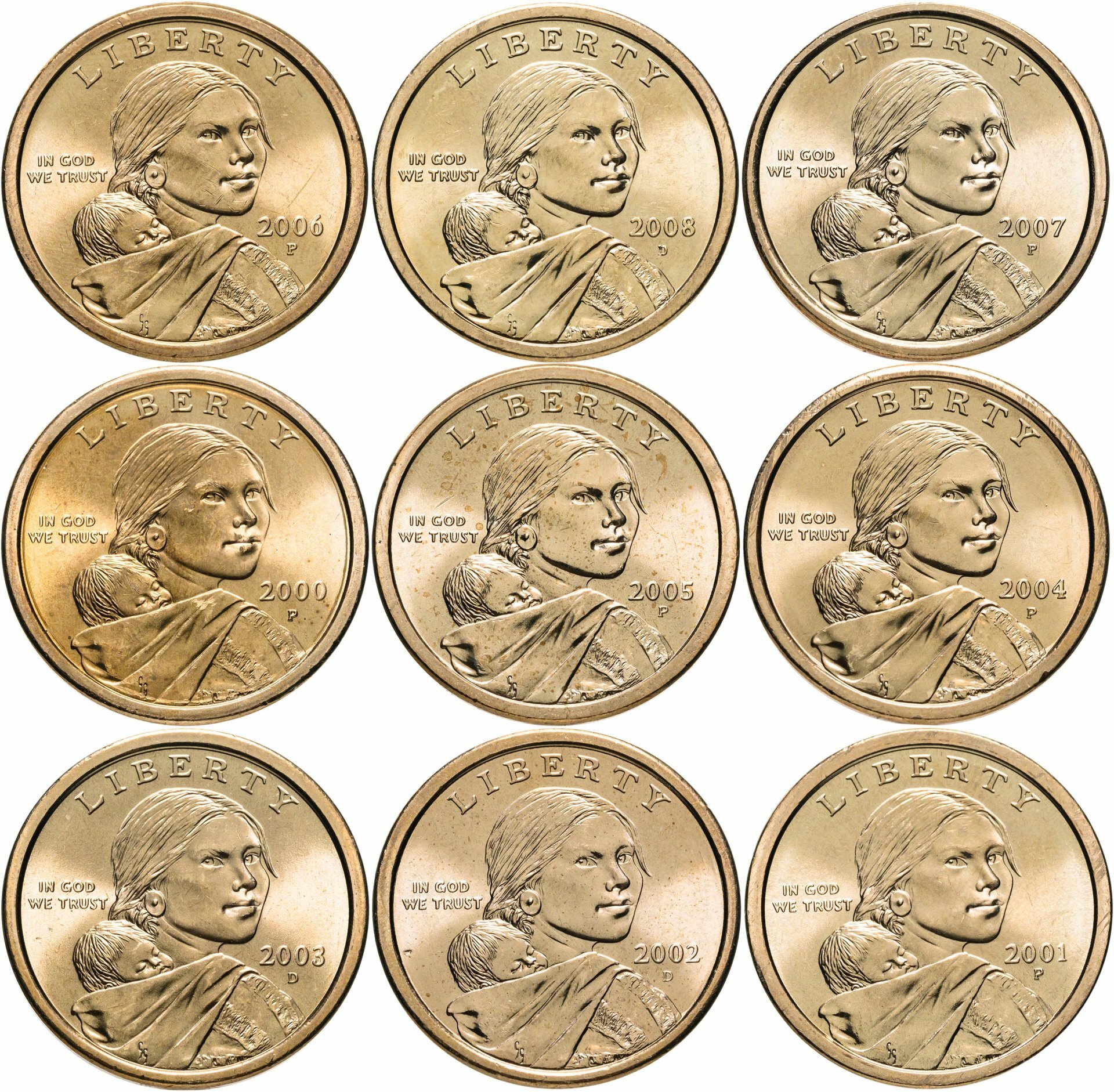 США набор из 9 монет 1 доллар dollars 2000-2008, случайный монетный двор, Медь, в сохранности UNC