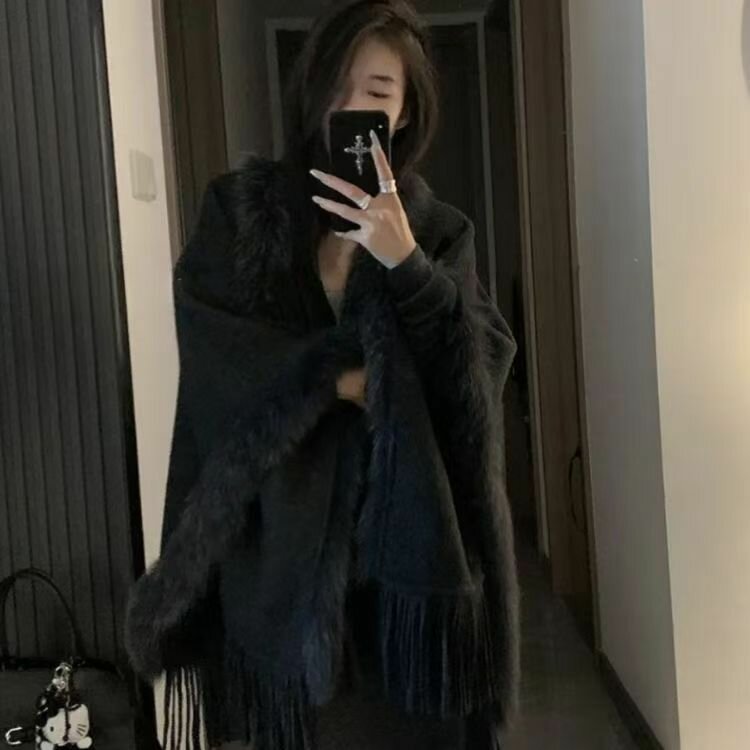 Социальный фальшивый лисий мех, разделенный на 2 стороны, кейп с бахромой, шаль, маленькая красная книга, китайский стиль верхней одежды