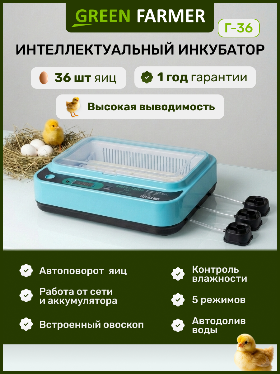 Инкубатор для яиц автоматический GREEN FARMER Г-36 с терморегулятором, гигрометром, овоскопом, автоповоротом, 220В/12В