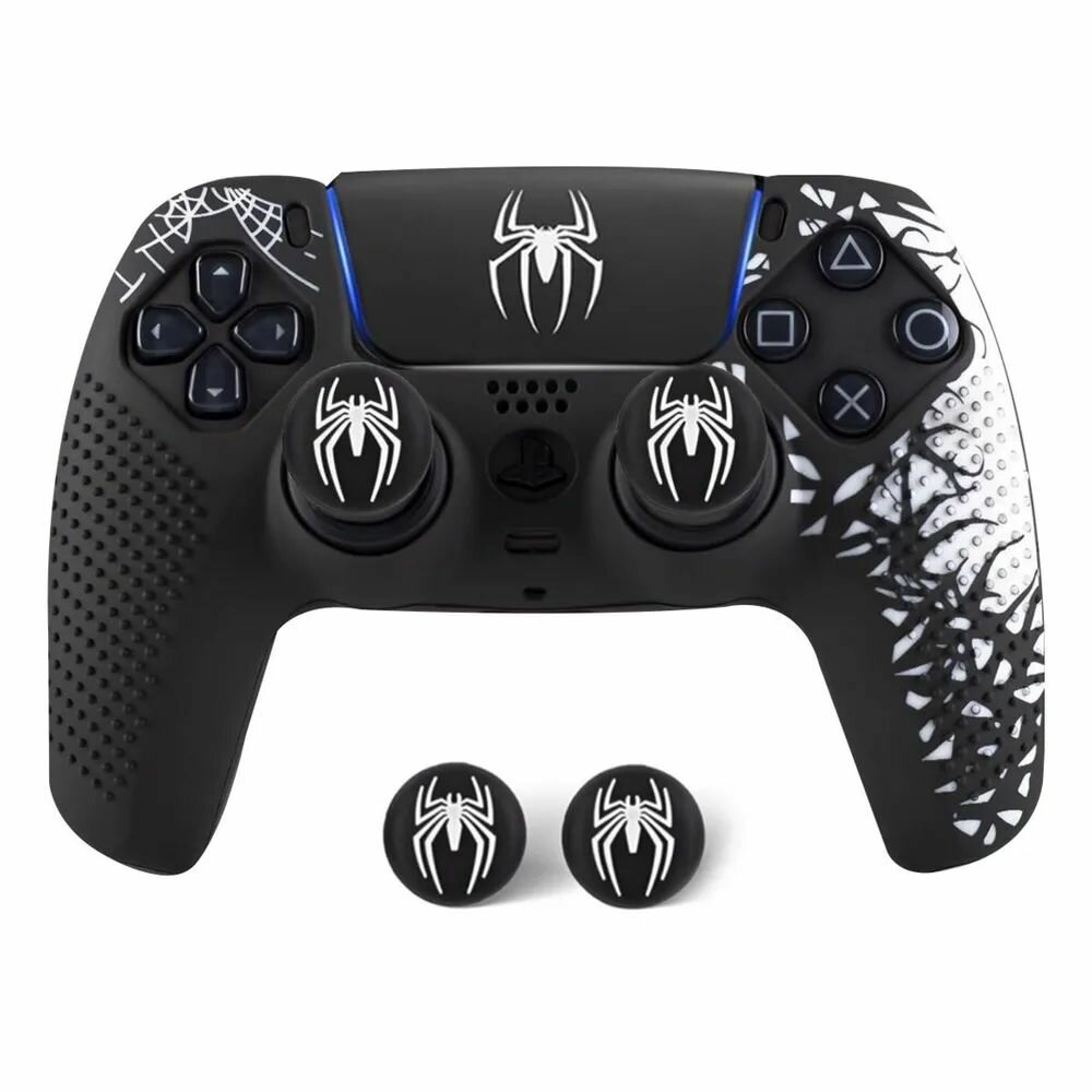 Нескользящий силиконовый чехол для контроллера PS5 с колпачками для джойстиков x 2 и наклейкой x 1-Черный паук + 2 колпачка