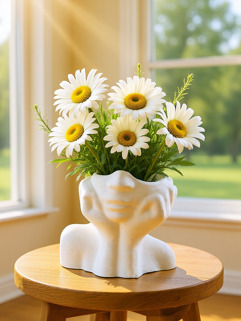 Статуэтка для интерьера. Ваза кашпо с лицом, ваза из гипса для сухоцветов