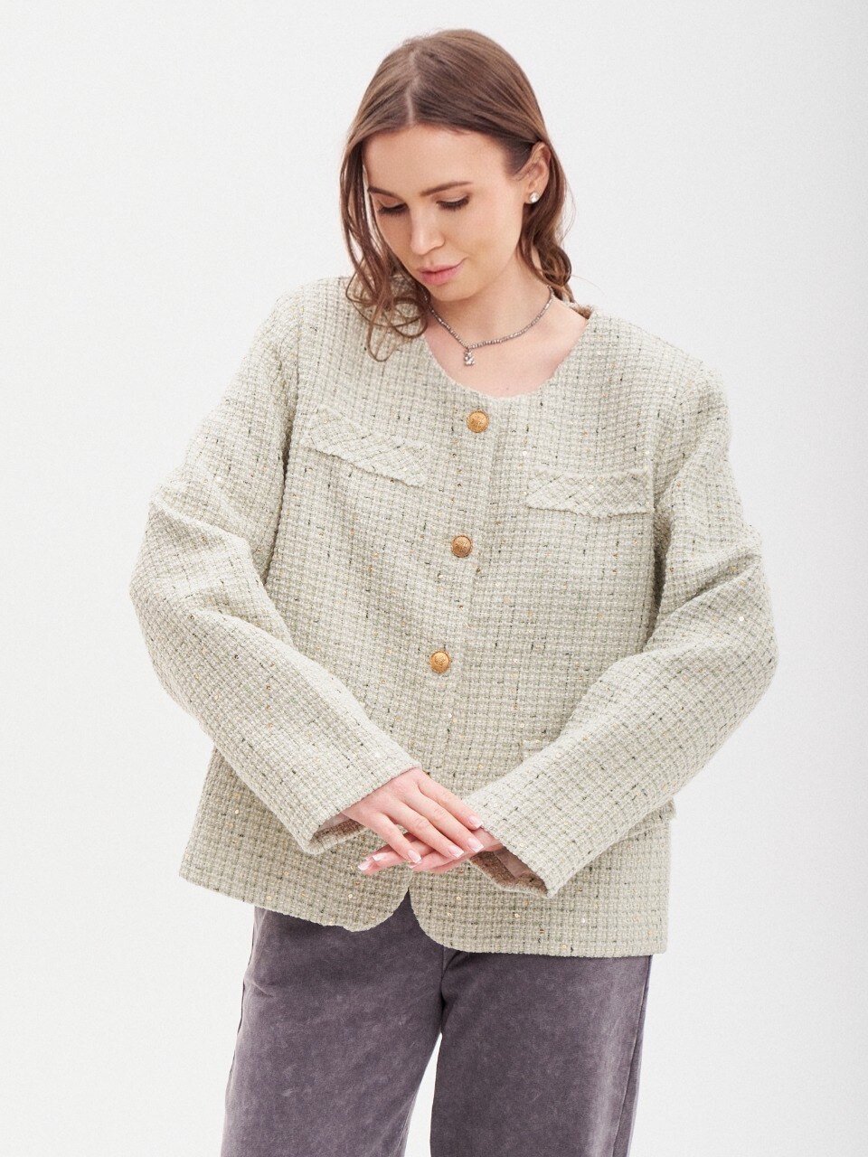 Пиджак Жакет твидовый прямого кроя в мятном цвете с пайетками