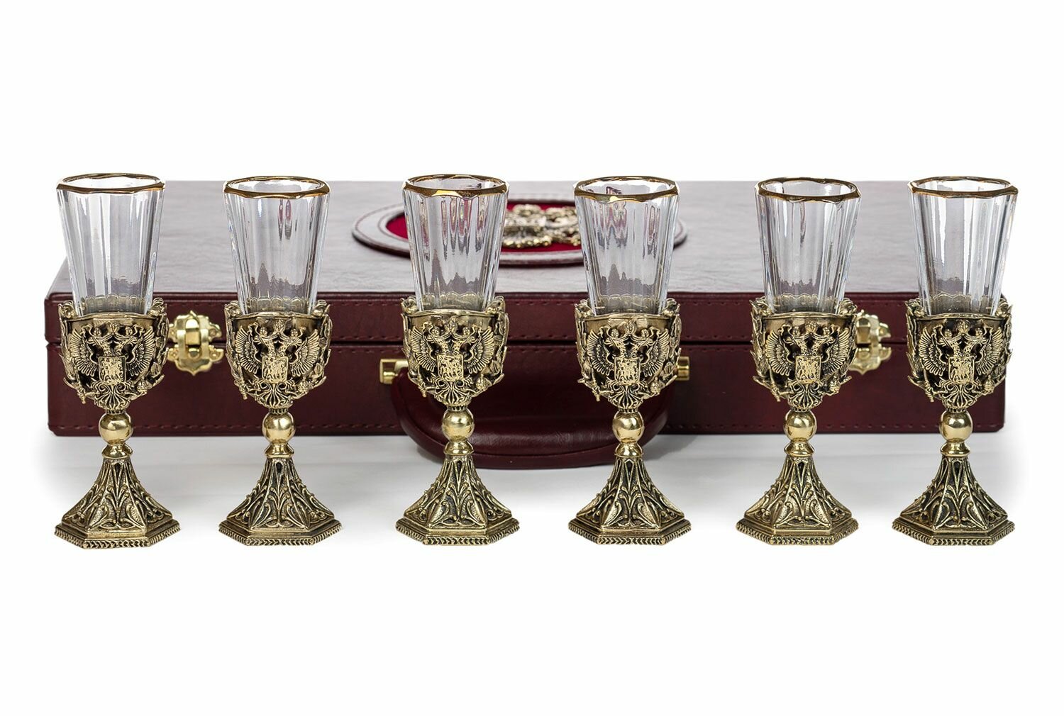 Набор лафитников 6шт. " Герб " объемный в подарочном футляре из кож. зама. Ручное литье Россия