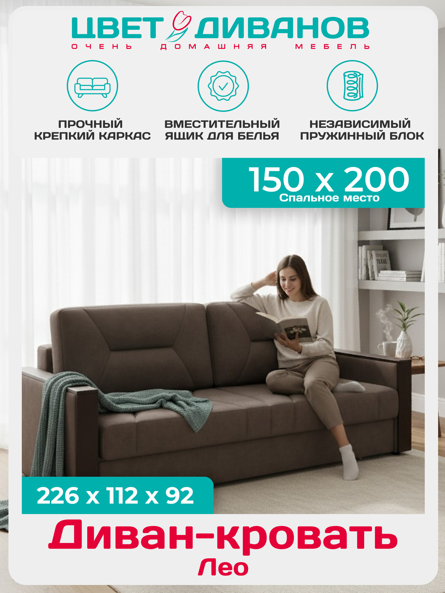 Раскладной диван-кровать прямой двуспальный в гостиную, еврокнижка Лео с ортопедическим матрасом, Цвет Диванов