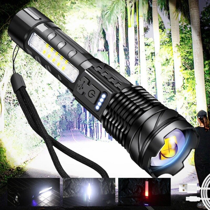 USB-перезаряжаемый яркий светодиодный фонарик с белым лазером и COB-рабочим светом, алюминиевый корпус, батарея 1200 мАч