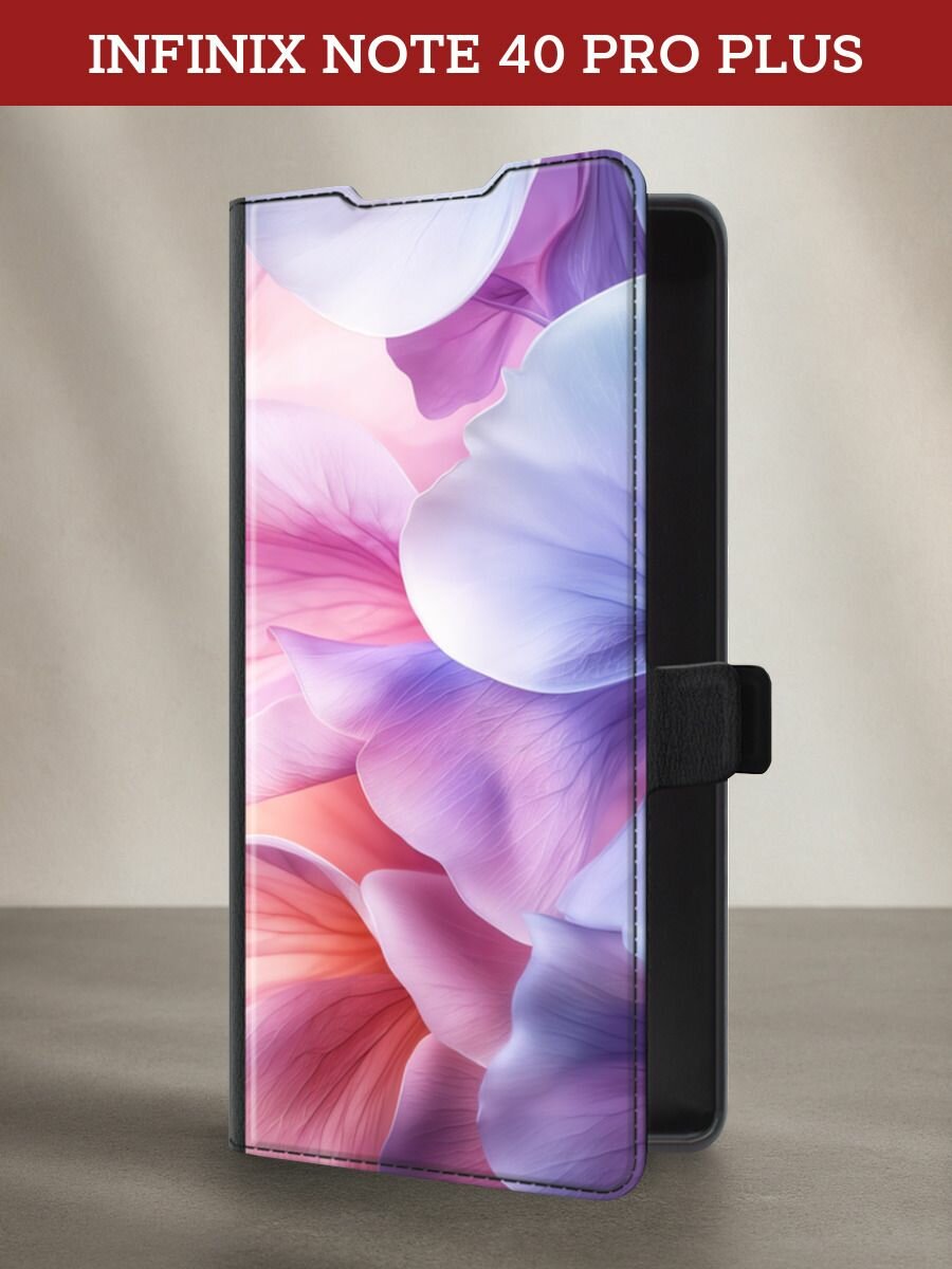 Чехол-книжка на Infinix Note 40 Pro Plus / Инфиникс Нот 40 Про Плюс с принтом Щелковые лепестки, черный