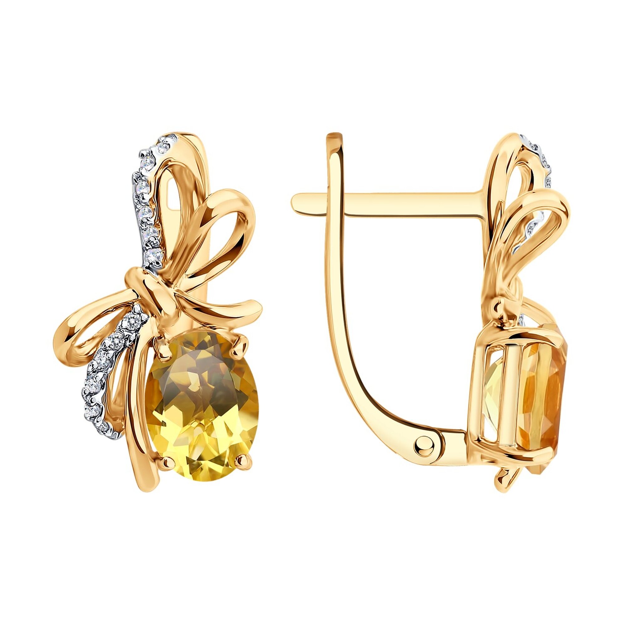Серьги, красное золото, 585 проба, цитрин, фианит