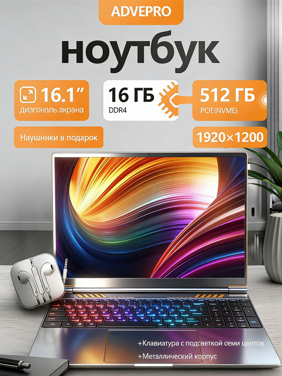 Ноутбук для работы и учебы с диагональю экрана 16,1", 4-ядерным процессором Intel N95, 16 ГБ-DDR4, 512 ГБ-NVME