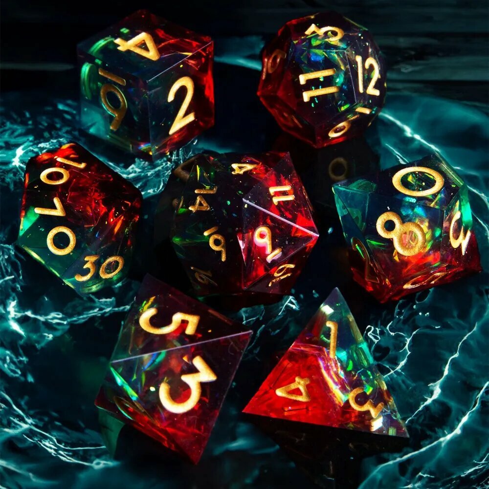 Кубики днд Sharp Edge - набор 7 дайсов для Dungeons & Dragons, кости игральные из смолы, красные с золотом