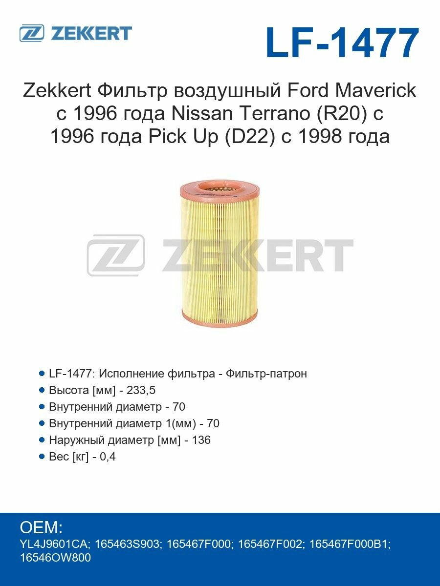 Zekkert Фильтр воздушный Ford Maverick с 1996 года Nissan Terrano (R20) с 1996 года Pick Up (D22) с 1998 года