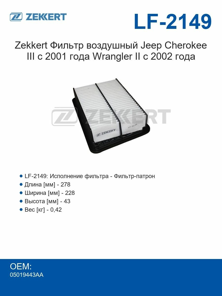 Zekkert Фильтр воздушный Jeep Cherokee III с 2001 года Wrangler II с 2002 года