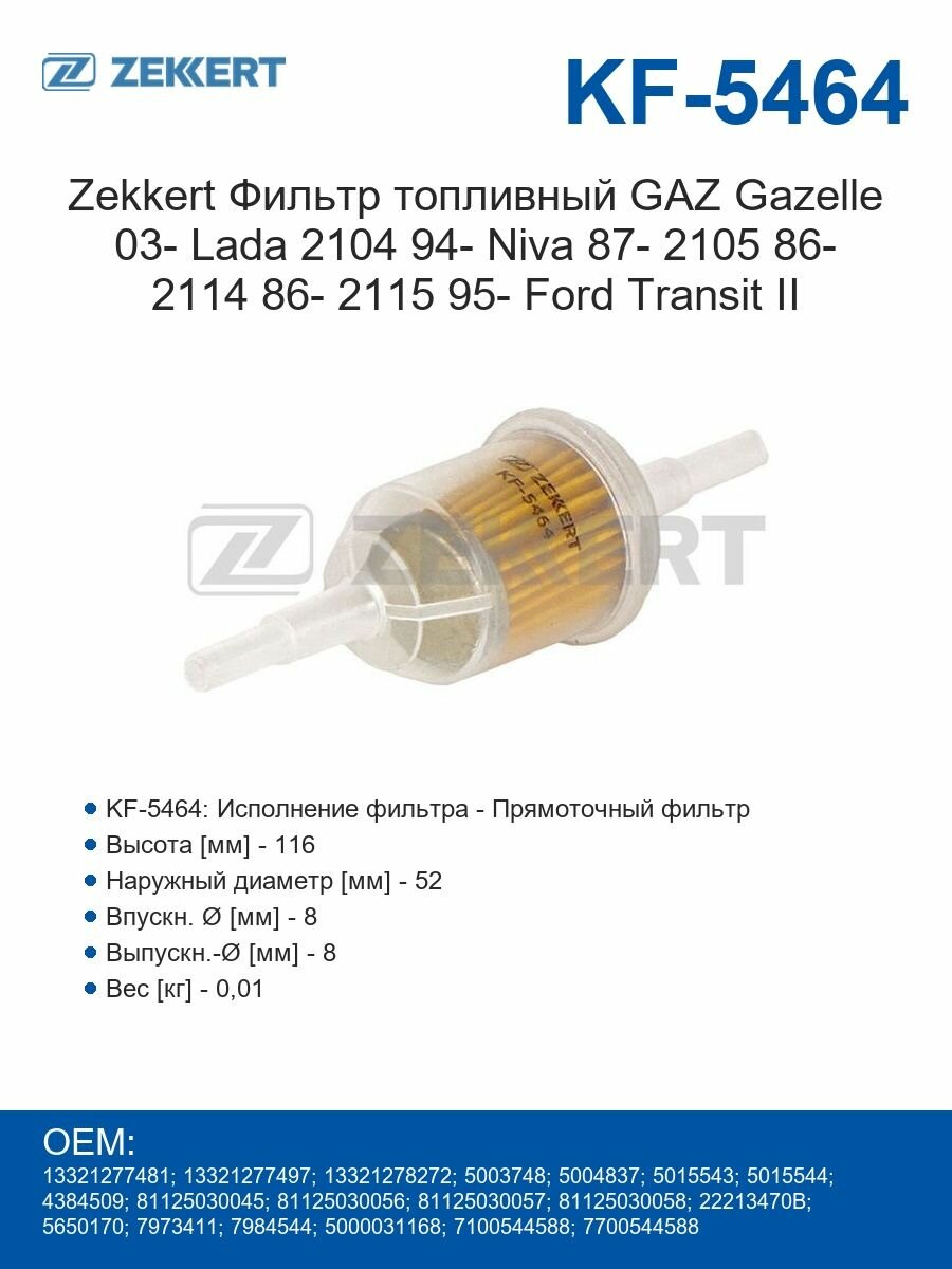 Zekkert Фильтр топливный GAZ Gazelle 03- Lada 2104 94- Niva 87- 2105 86- 2114 86- 2115 95- Ford Transit II