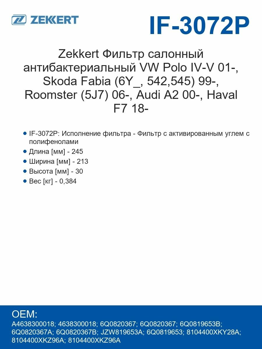 Zekkert Фильтр салонный антибактериальный VW Polo IV-V 01-, Skoda Fabia (6Y_, 542,545) 99-, Roomster (5J7) 06-, Audi A2 00-, Haval F7 18-