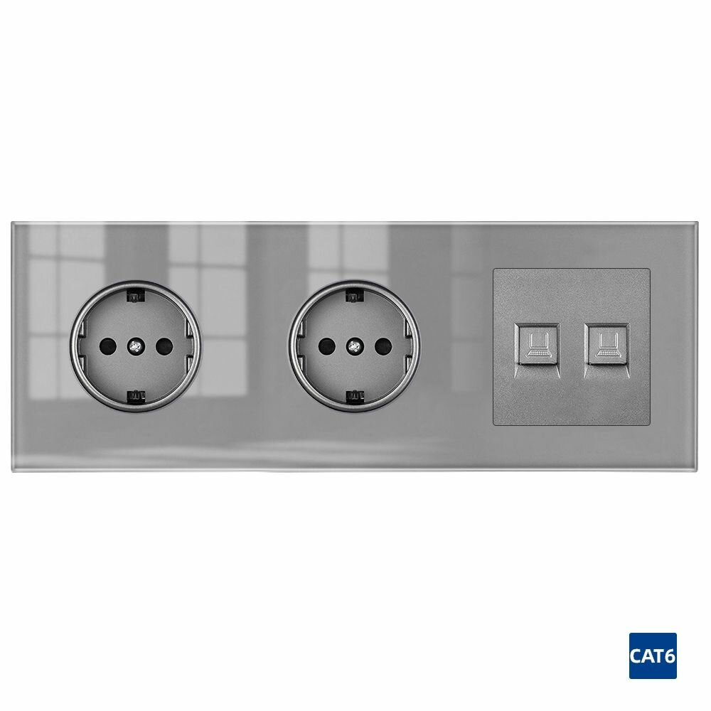 Розетка электрическая 3 поста 220В +розетка компьютерная rj45 Серый