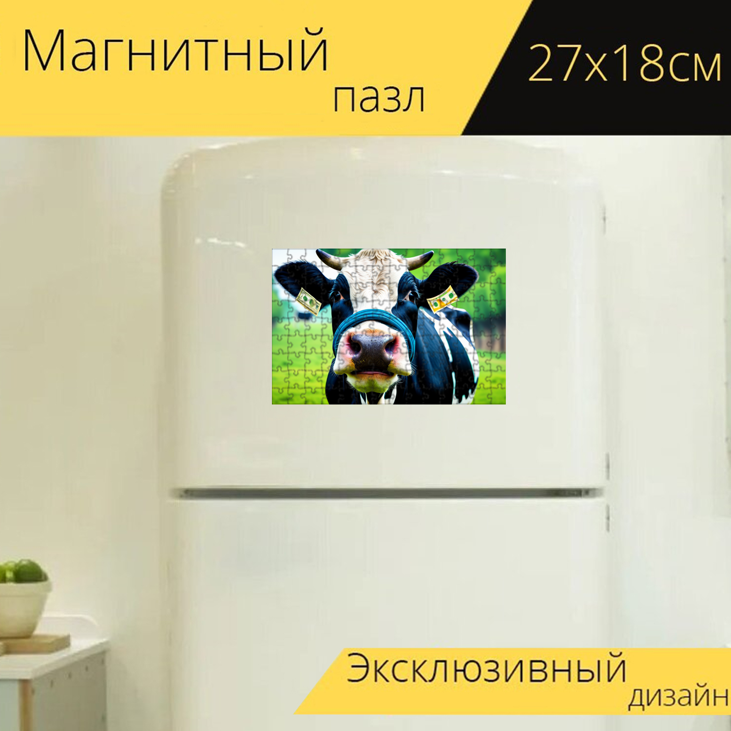Магнитный пазл "Корова с банками денег в пасти" на холодильник 27 x 18 см.