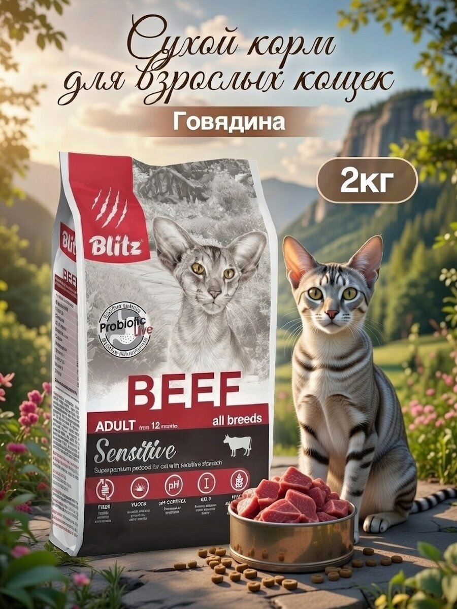 Корм для взрослых кошек сухой BLITZ ADULT BEEF с говядиной, 2 кг