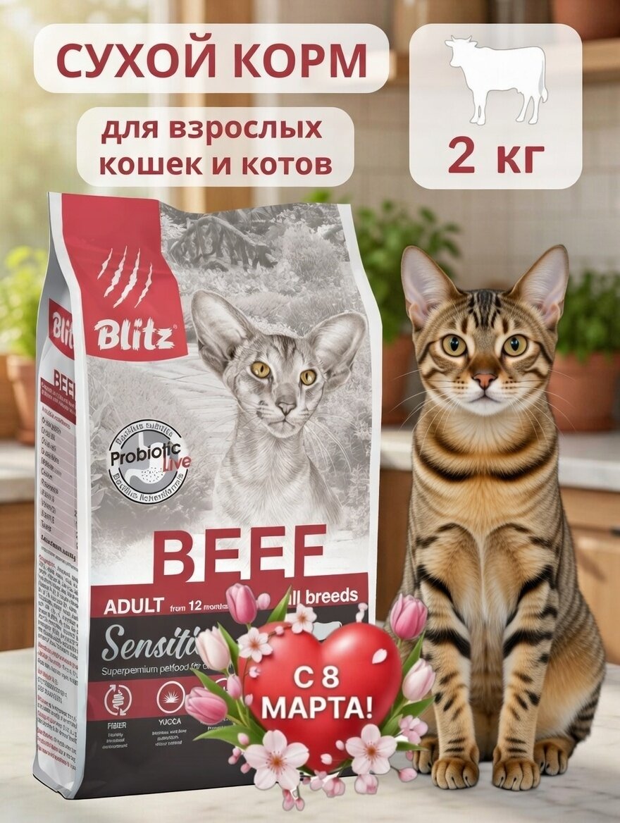 Корм для взрослых кошек сухой BLITZ ADULT BEEF с говядиной, 2 кг