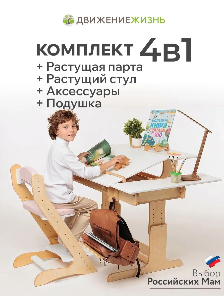 Парта растущая с аксессуарами, парта, растущий стул, с подушкой, аксессуары для парты, окрашен маслом и акрилом