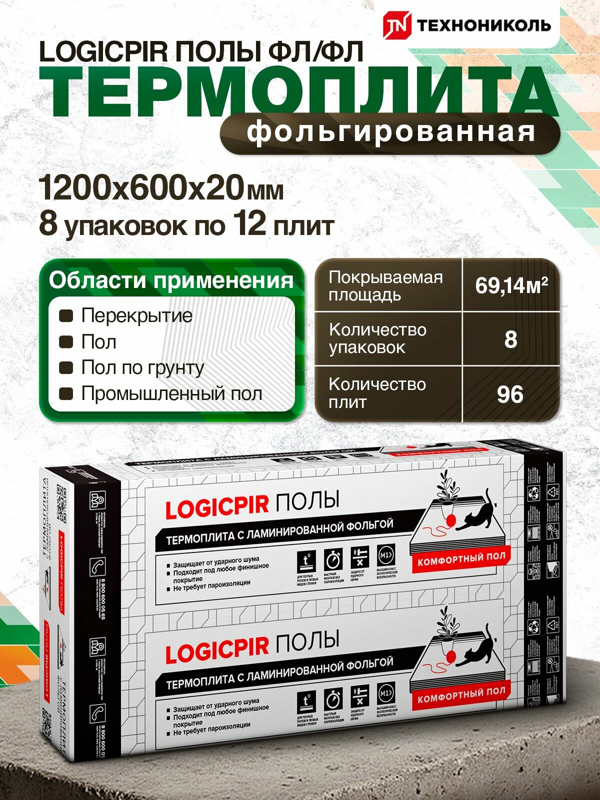 Плиты PIR (пир) теплоизоляционные LOGICPIR Полы ФЛ/ФЛ 1200х600х20 комплект из 8 упаковок 96 плит 69.14