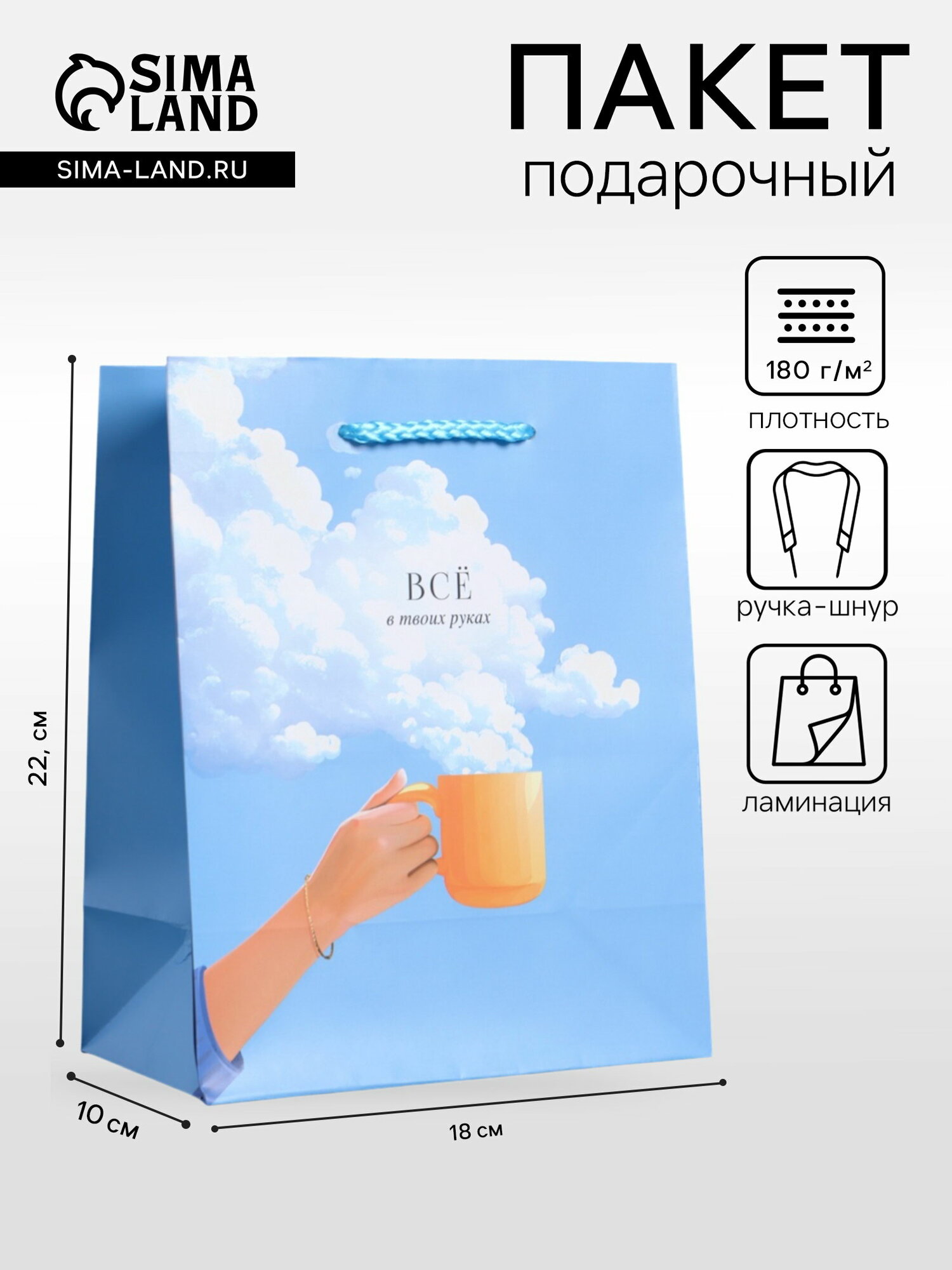 Пакет подарочный ламинированный "Всё в твоих руках", голубой, 18x22.3x10 см