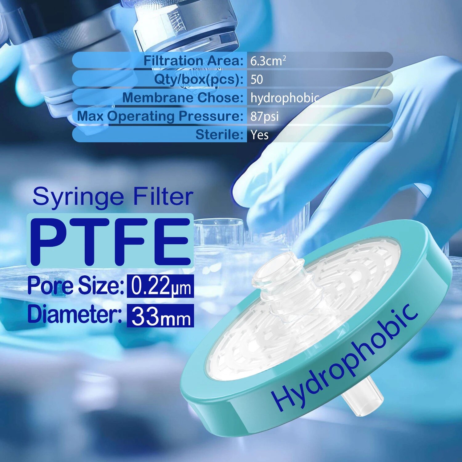 Стерильные шприцевые фильтры PTFE 0.22мкм 33мм, hydrophobic, 10шт