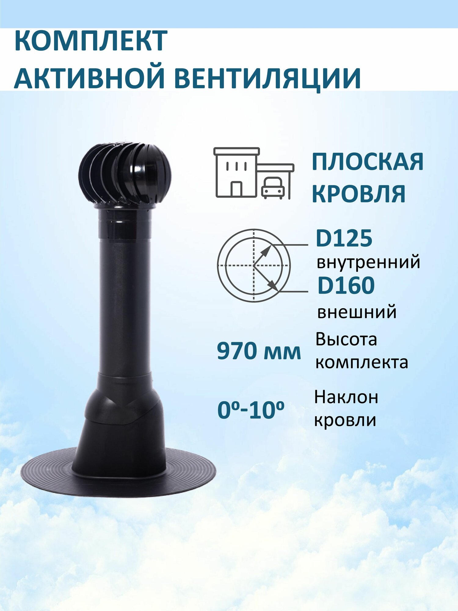 Комплект активной вентиляции: Турбодефлектор TD160, вент. выход утепленный высотой Н-700, для плоской кровли, RAL9005
