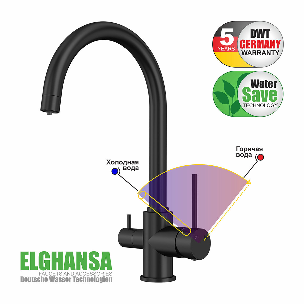 Смеситель для кухни однорычажный с подключением для фильтра с боковым переключателем Elghansa 56B5216-Black