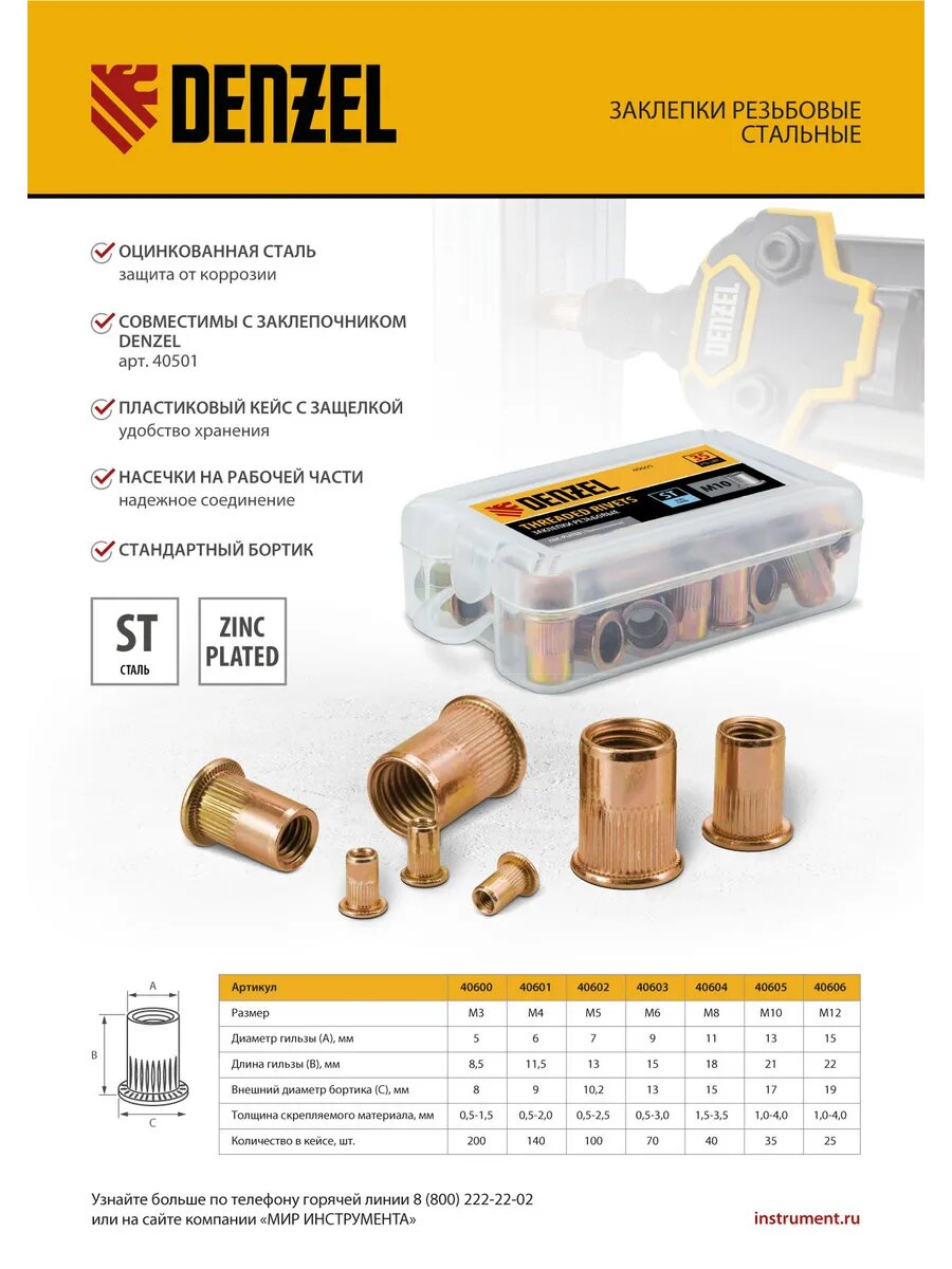 Заклепки резьбовые, стальные, оцинкованные, , DENZEL, 40602