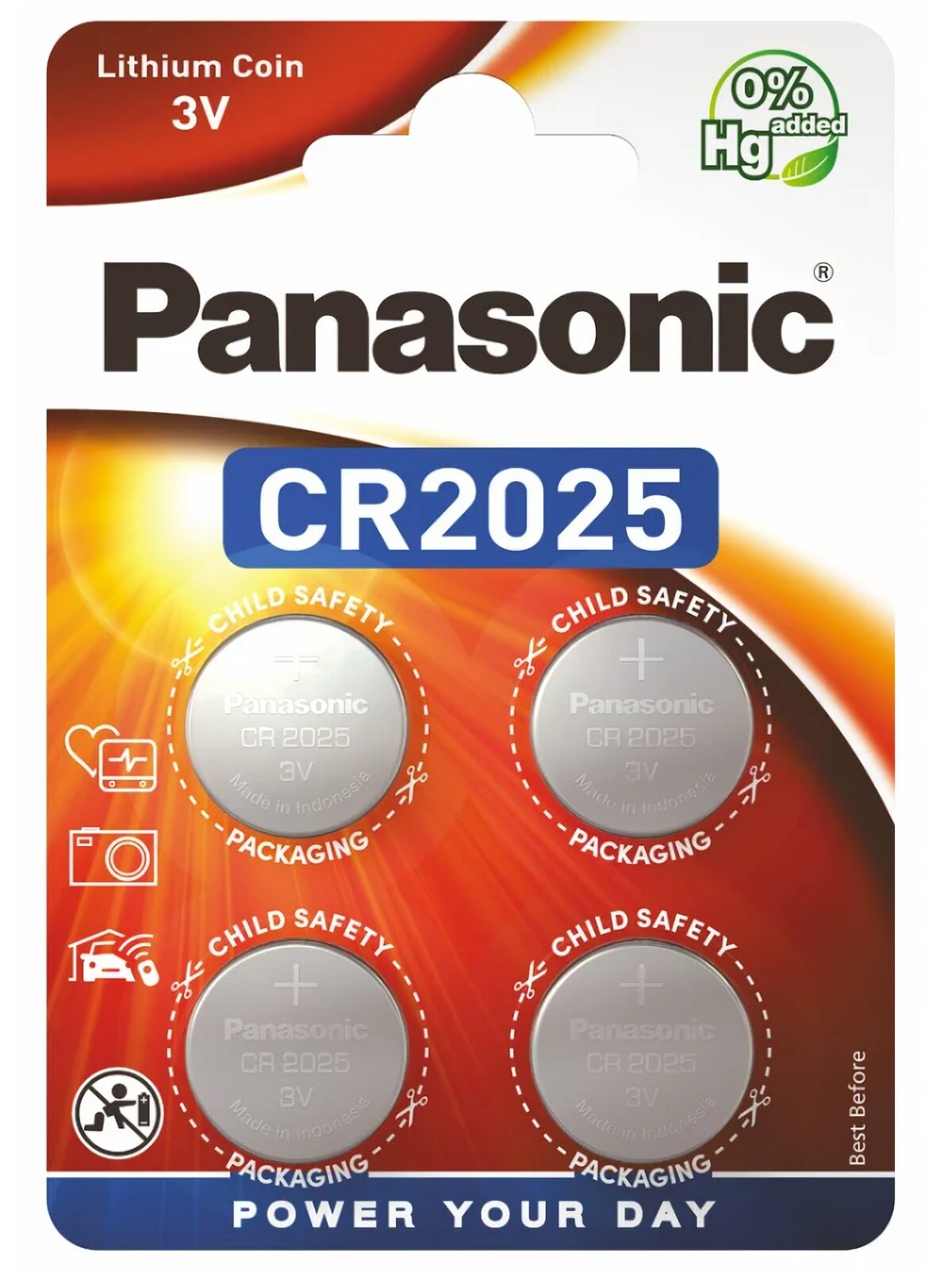 Батарейка Panasonic Lithium CR2025 BL4, CR-2025EL/4B (литиевая, напряжение: 3 В, емкость: 165 мА·ч)