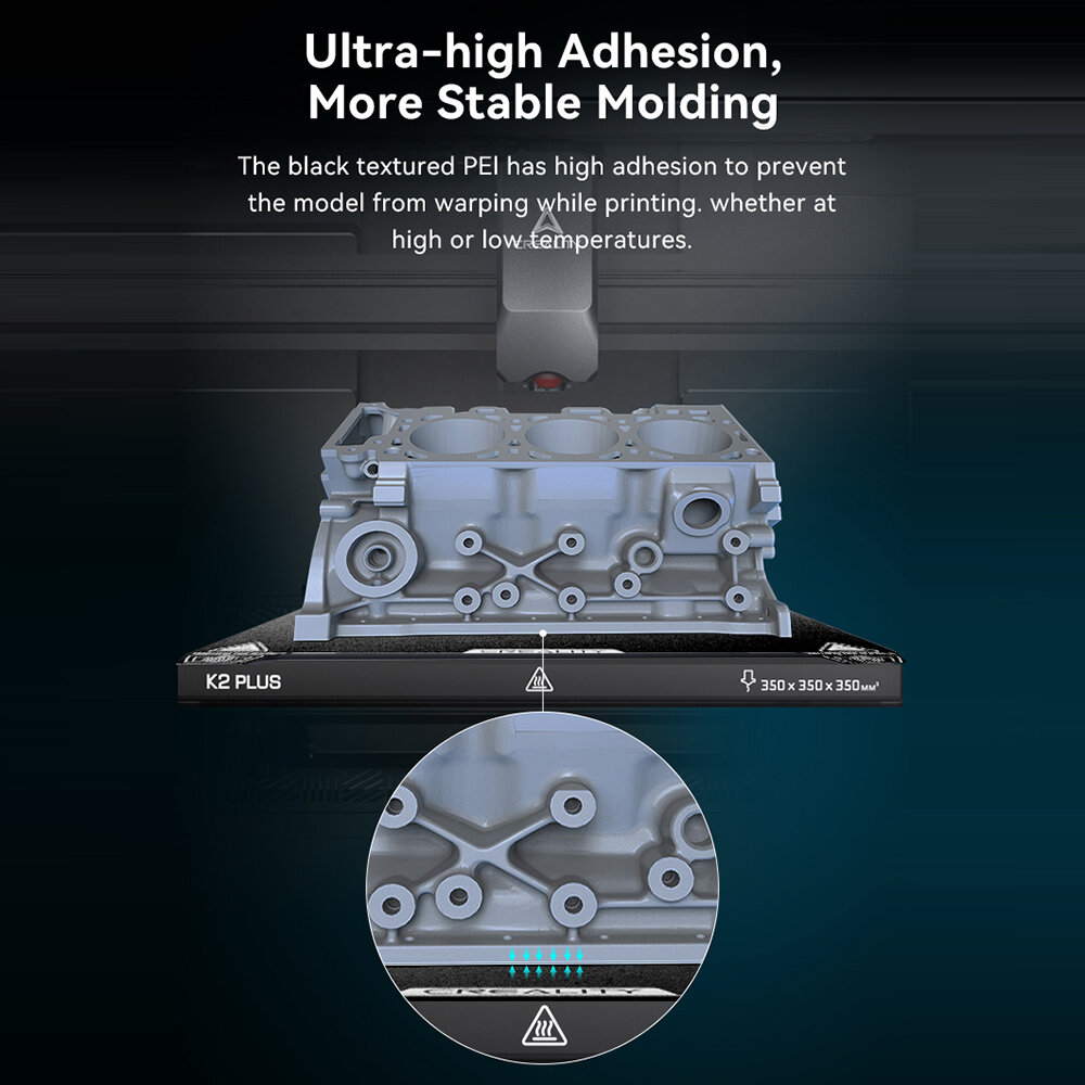 Creality K2 PLUS Матовая рабочая пластина PEI с текстурой порошкового покрытия Печатная платформа Сверхвысокая адгезия и плоскостность Легко снимаемые модели Подходит для нити 1,75 мм PLA, ABS, ASA, PETG, TPU, PC, PA - 370x370 мм