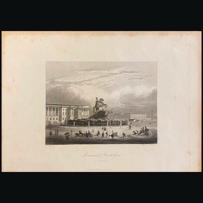 Гравюра антикварная "Монумент Петра Великого в Санкт-Петербурге". 1850-е годы.