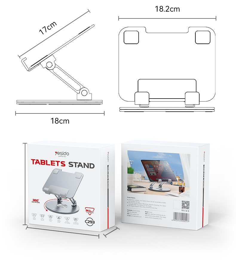 Настольный держатель для планшета/ноутбука Yesido C293 Tablets Stand, до 13"/до 3 кг, Поворотный механизм, Алюминий, Серый