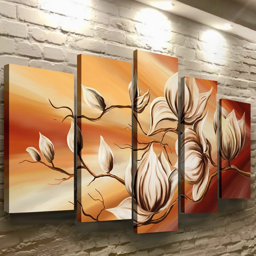 Modul007 Модульная картина для интерьера на стену "Абстракция коричневый цветок" 140х80 см, 5 модулей