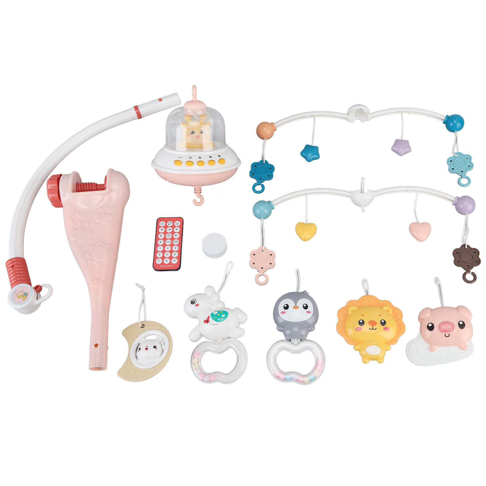 Детский мобиль с вращающимися животными, ночником и успокаивающей музыкой. Пластиковый детский мобиль с проектором (тип 2).