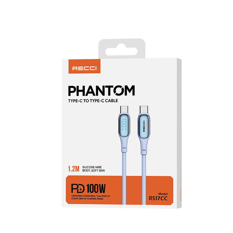 Кабель для быстрой зарядки Recci Phantom Display Fast Charging, Type-C to Type-C, PD 100W, 120 см, Galaxy Blue