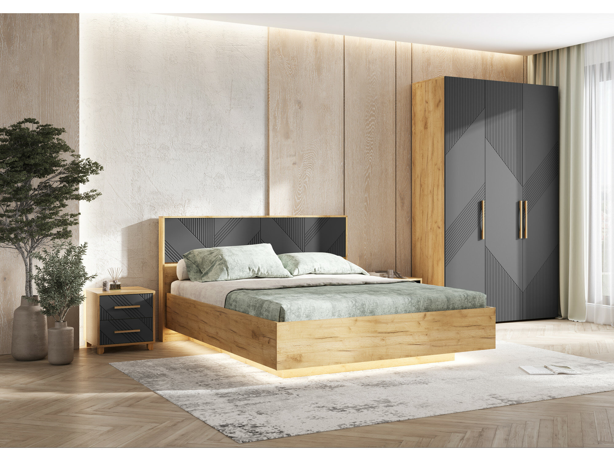 Спальня, в современном стиле, с фасадами МДФ, композиция 1, браш графит/дуб крафт