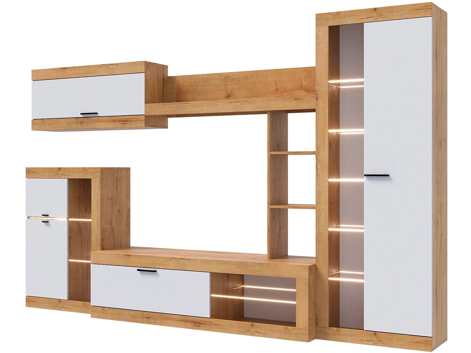 Модульная Гостиная, вариант №4, с подсветкой, Дуб Вотан/Белый глянец