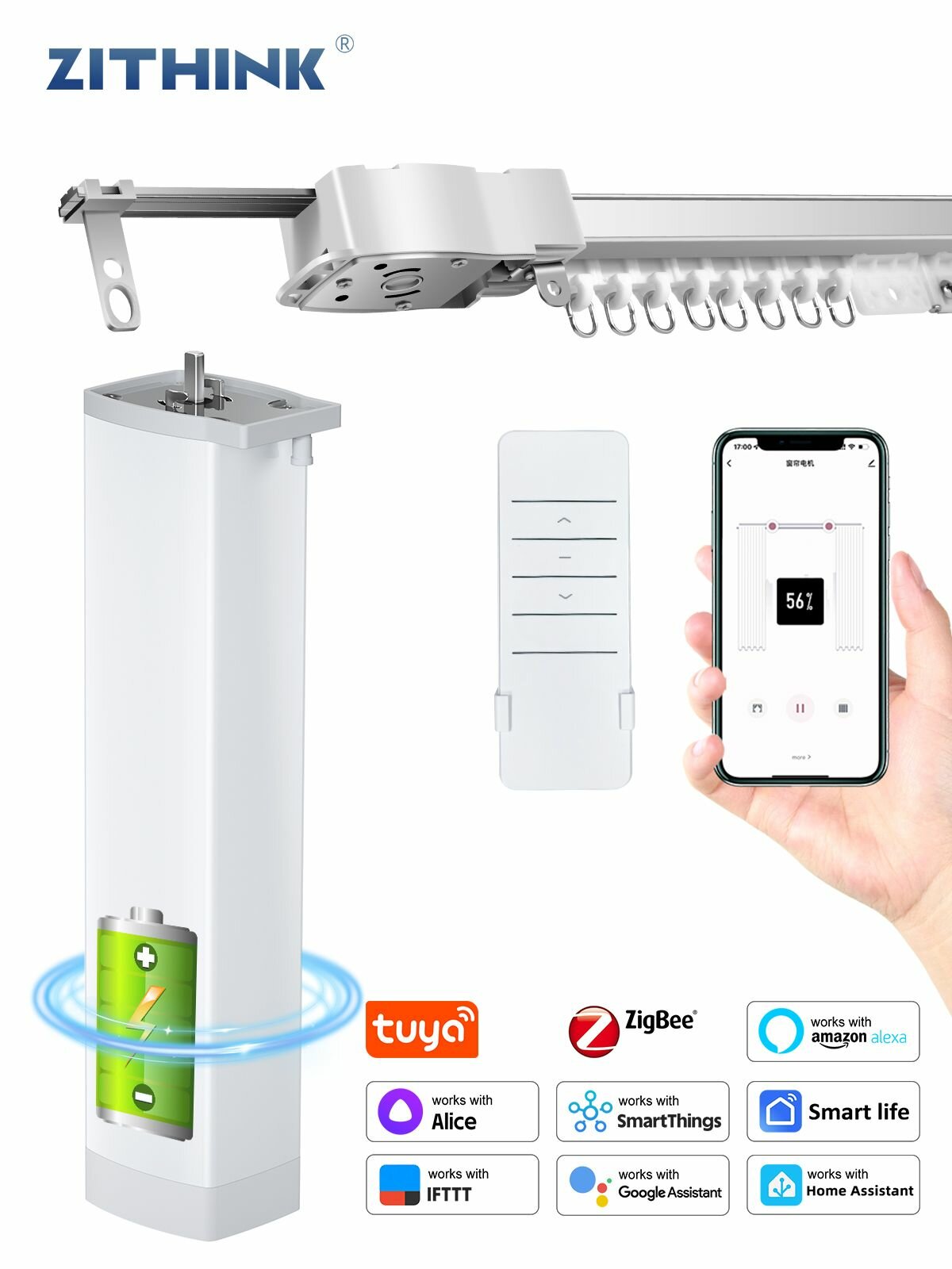 Умные электрические шторы ZITNINK с литиевой батареей, умным карнизом для штор с голосовым управлением и настраиваемым карнизом с Alice, серебристый