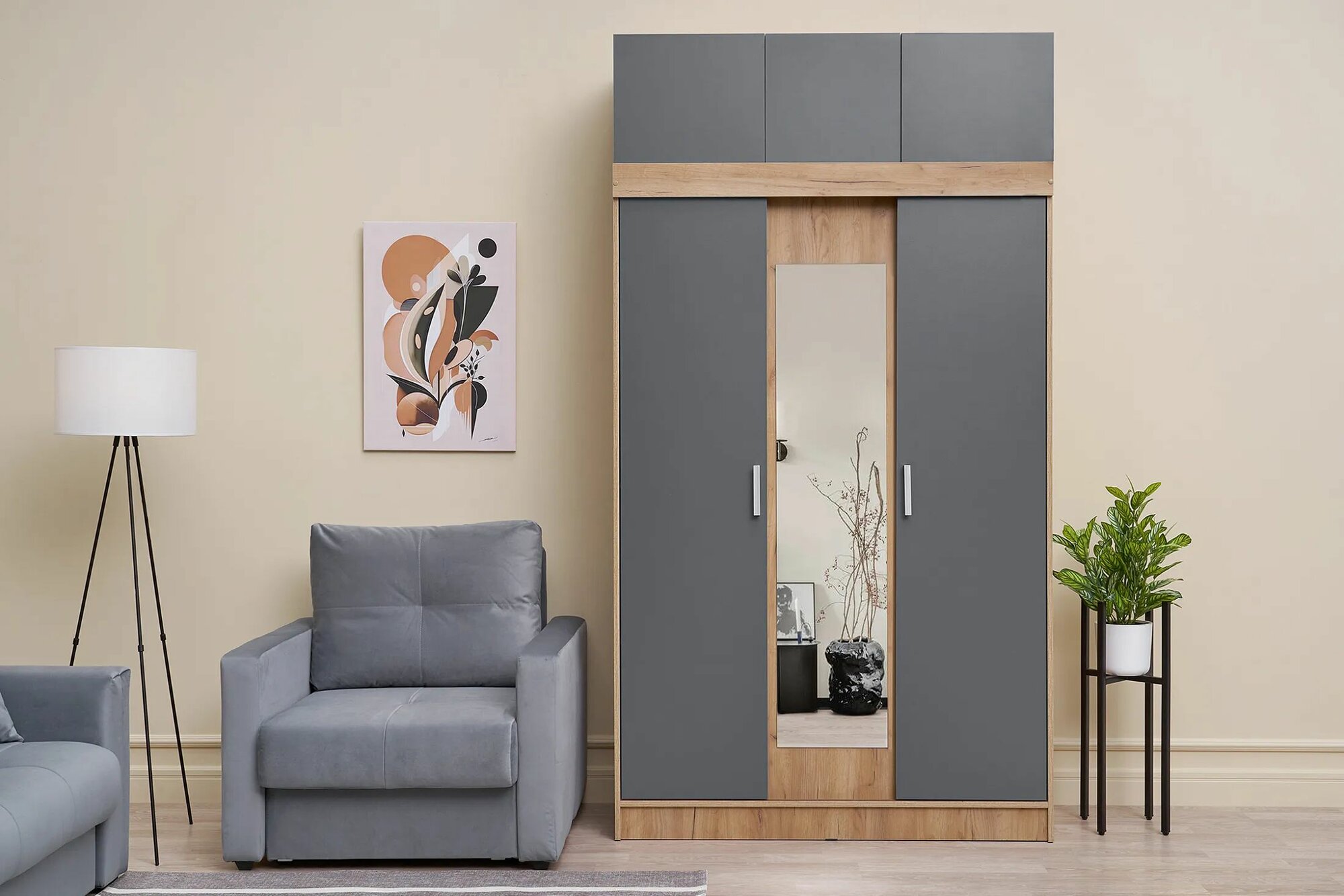 Бася/Роджина Шкаф с антресолью (Графит/Дуб крафт)