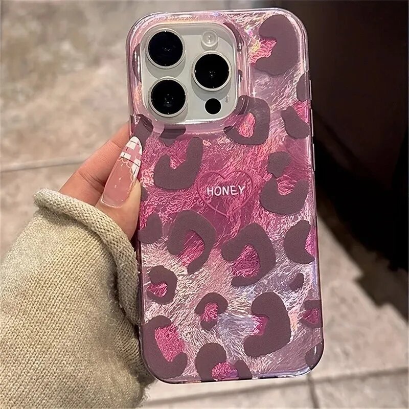 Чехол iPhone 13 Pro Max розовый леопард с сердечком