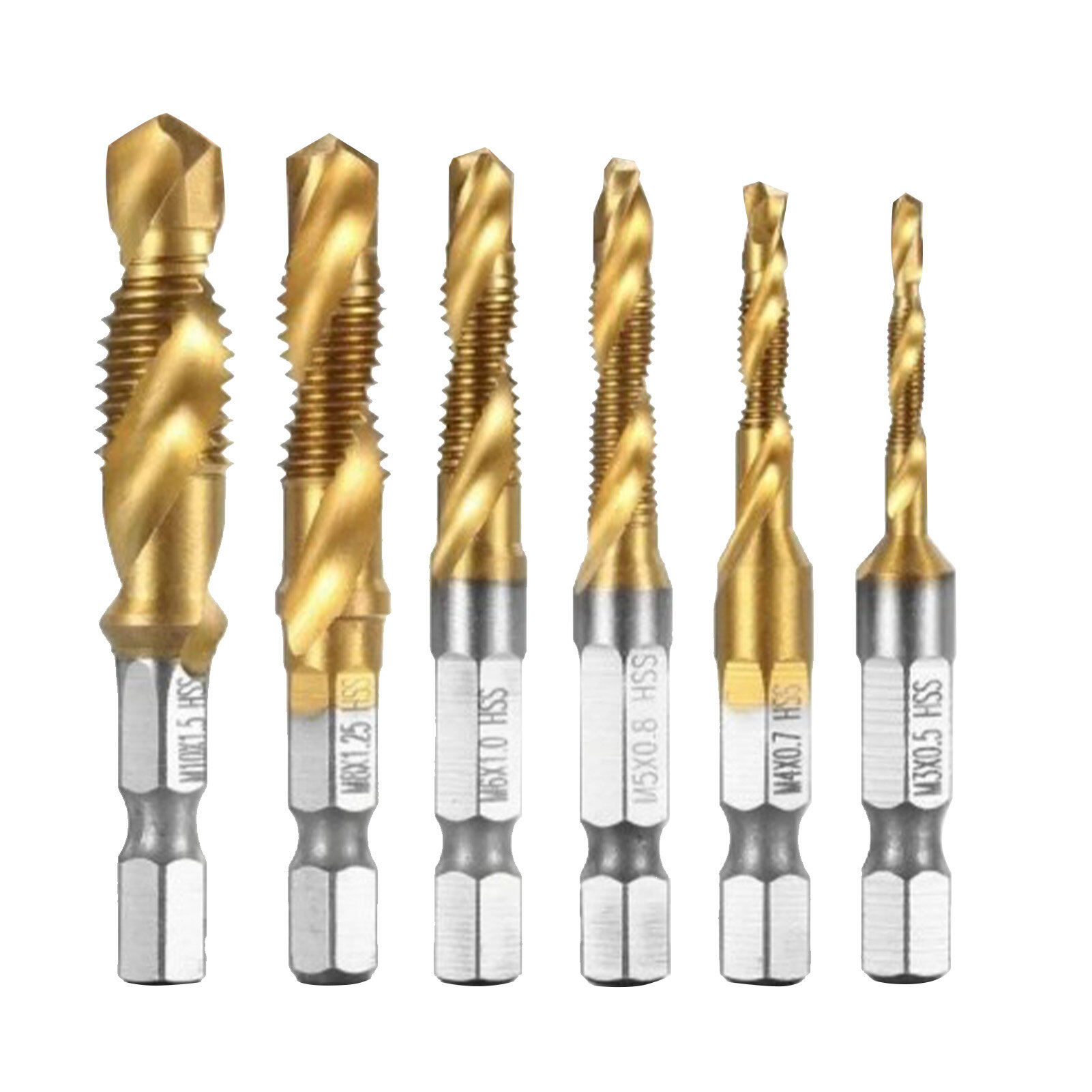 Набор из 6 сверл с шестигранным хвостовиком, изготовленных из быстрорежущей стали, для нарезания спиральной резьбы, снятия фаски и удаления нарезанной головки.
