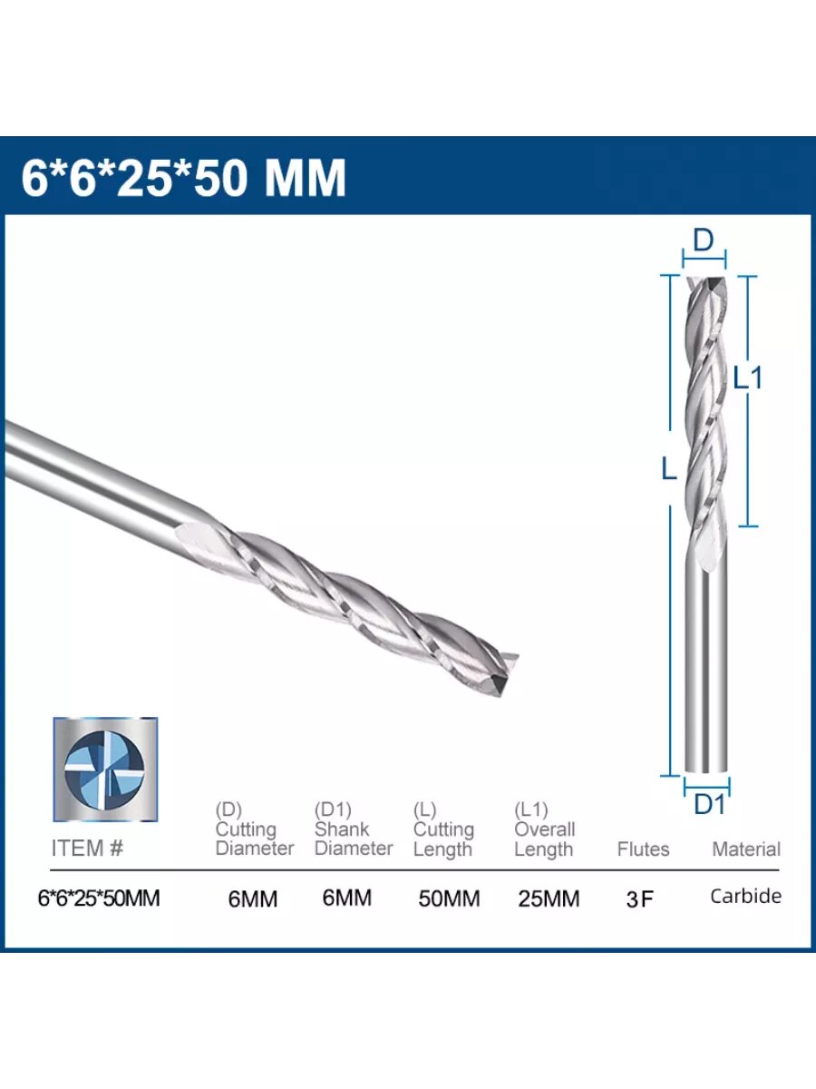 Фреза спиральная трехзаходная по металлу 6х25х50 мм